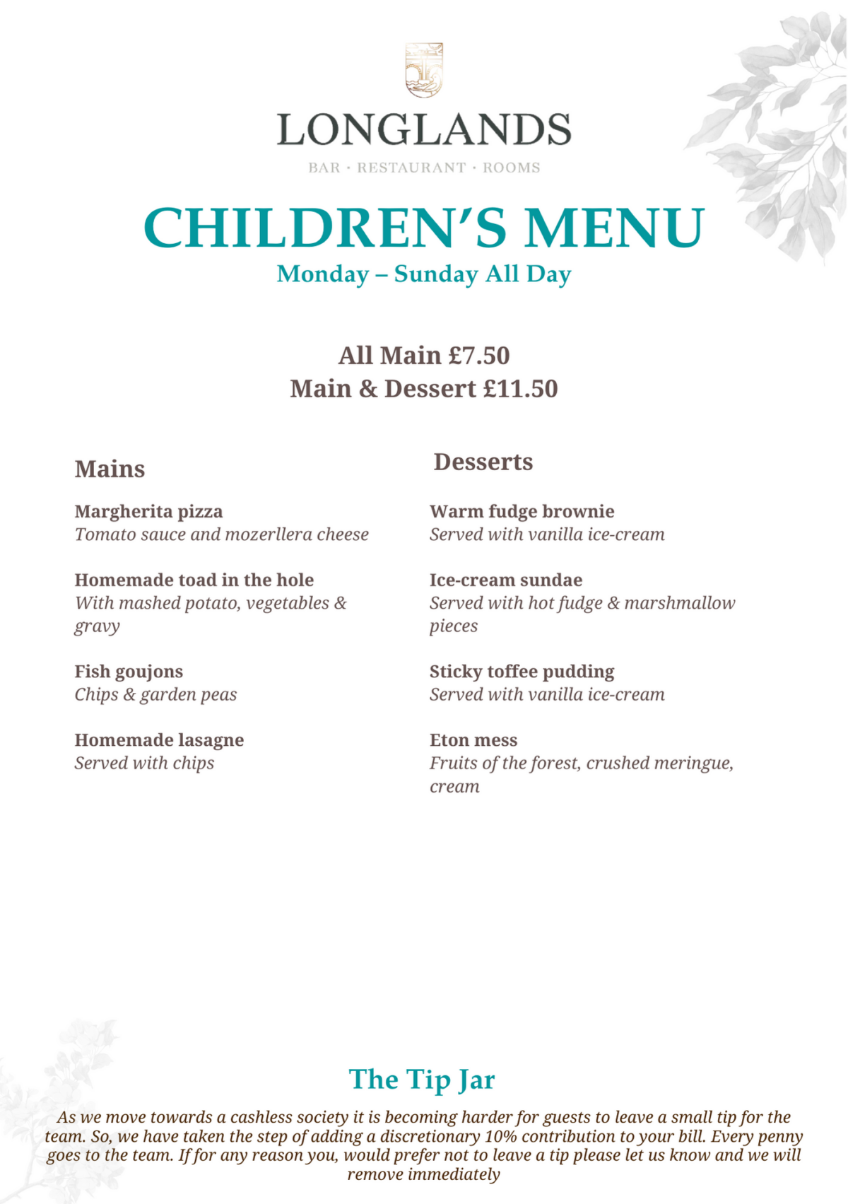 Childrens Menu - Longlands