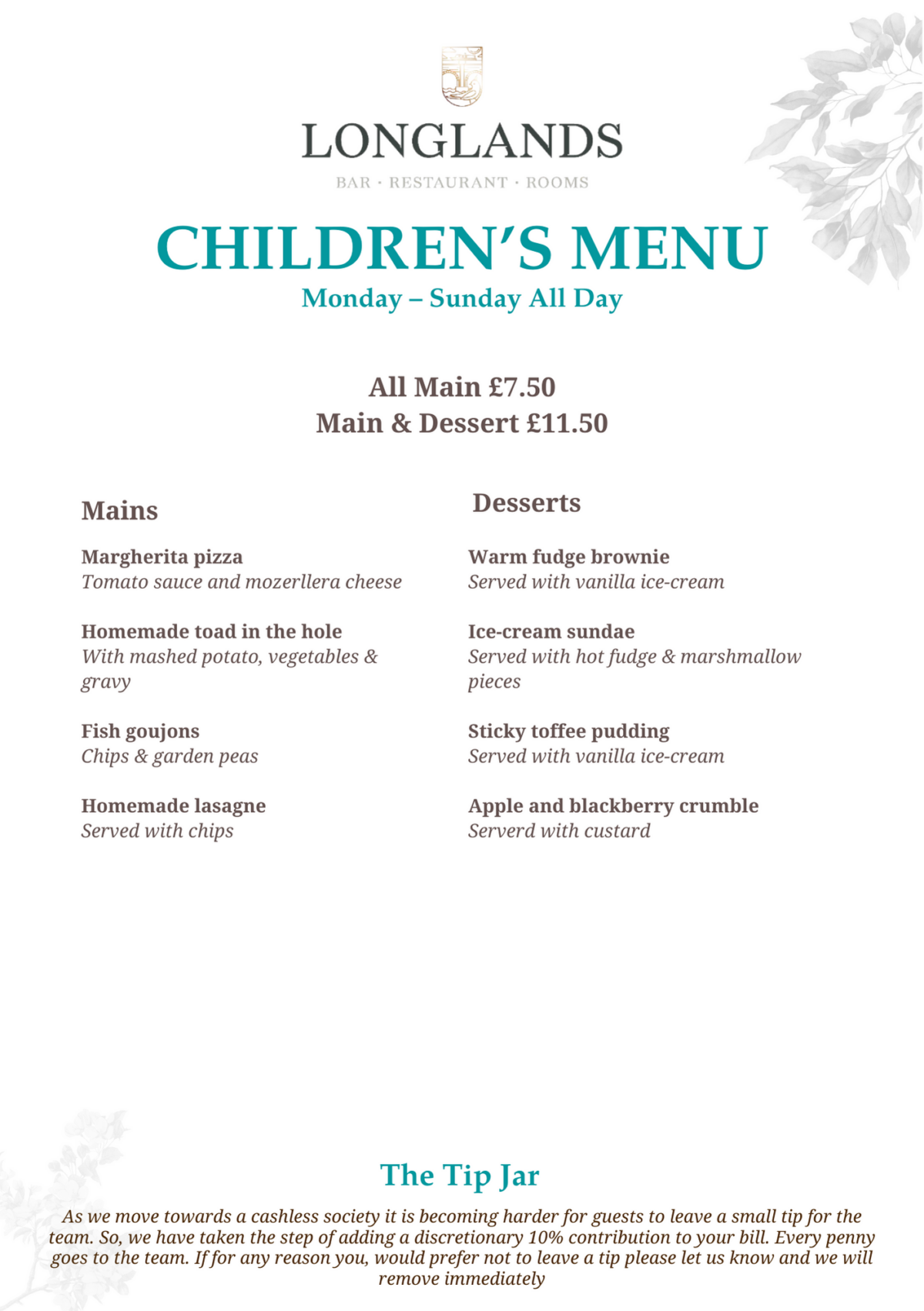 Childrens Menu - Longlands