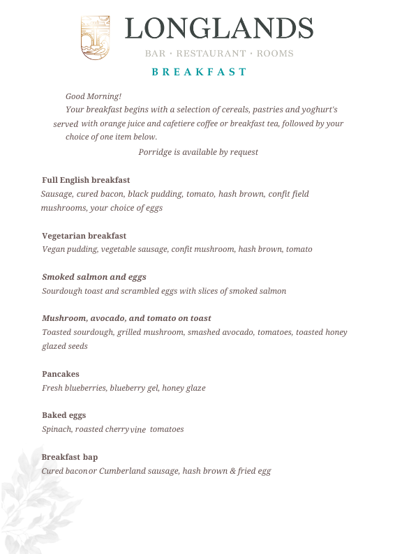 Breakfast Menu - Longlands