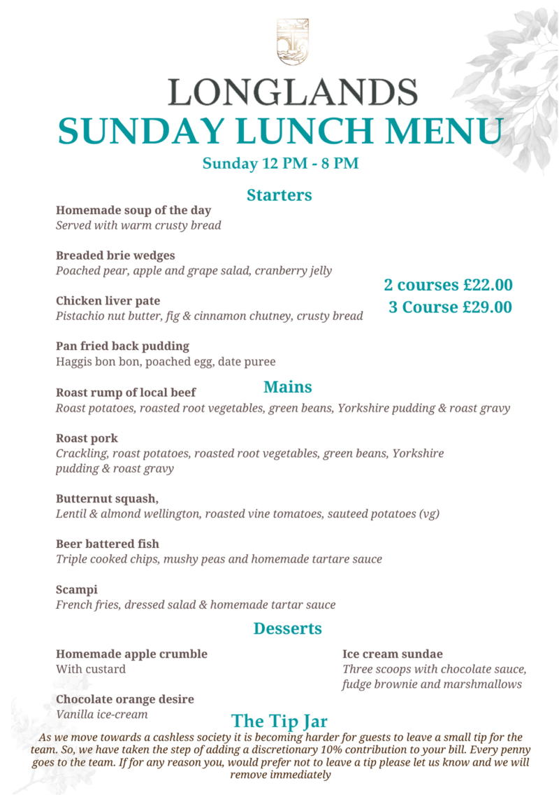 Sunday Lunch Menu - Longlands