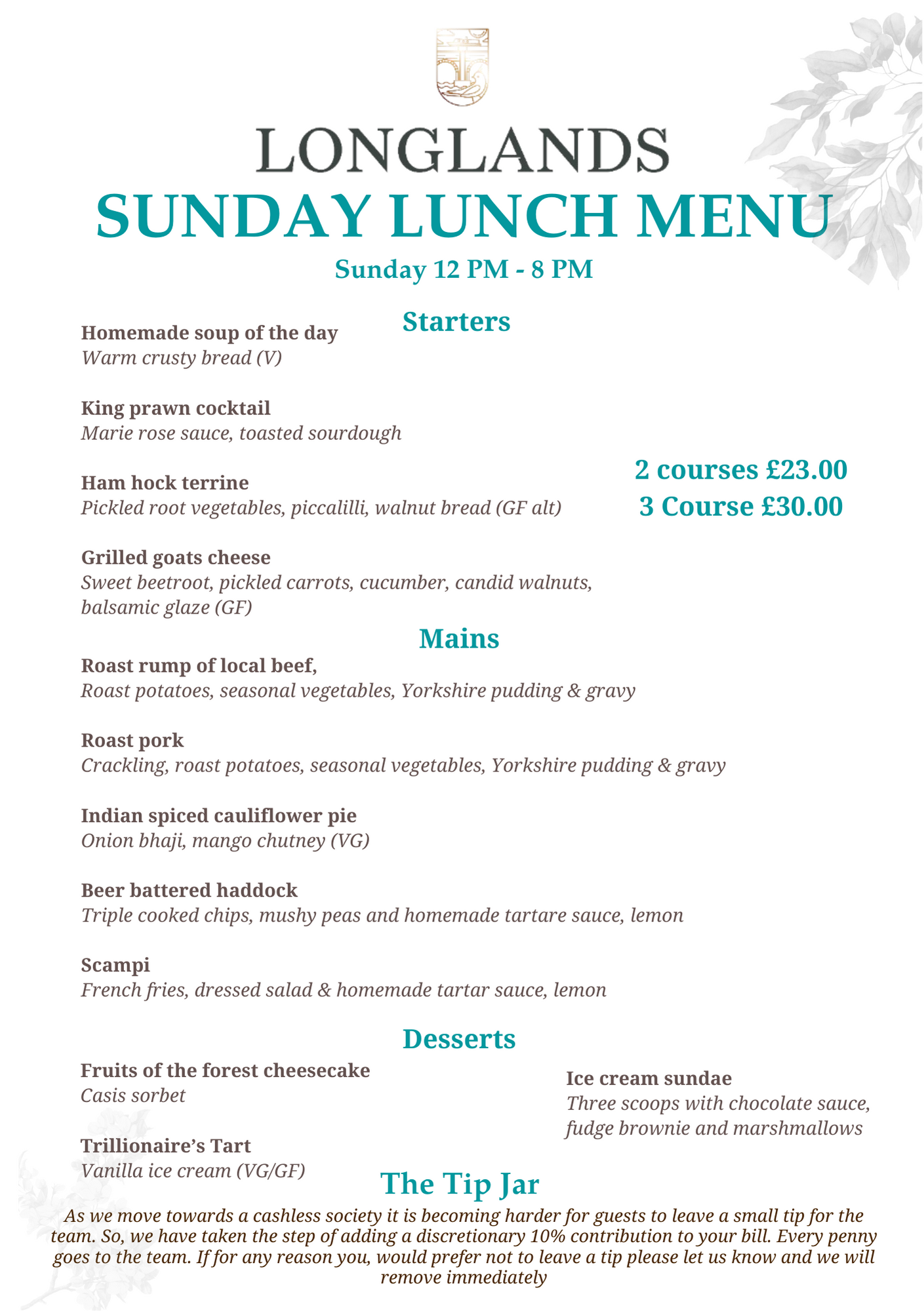 Sunday Lunch Menu - Longlands